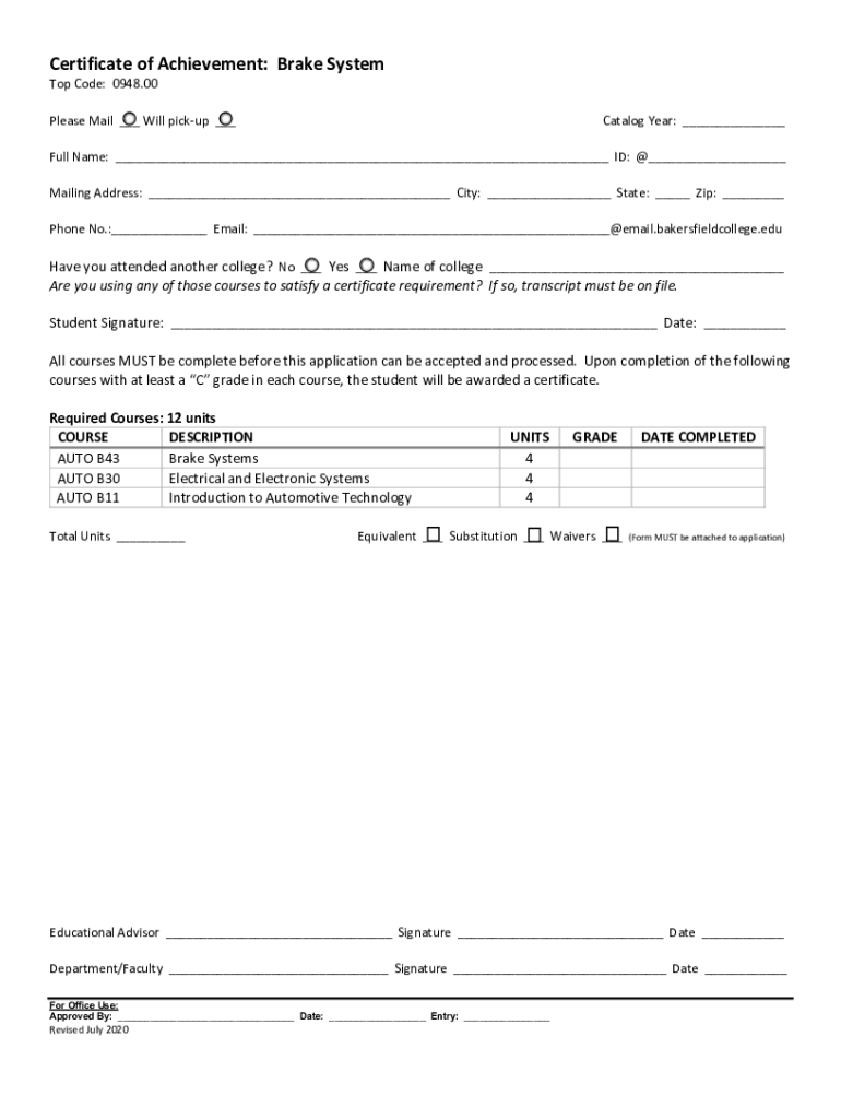 Fillable Online Brake System Certificate of Achievement Fax Email Print ...