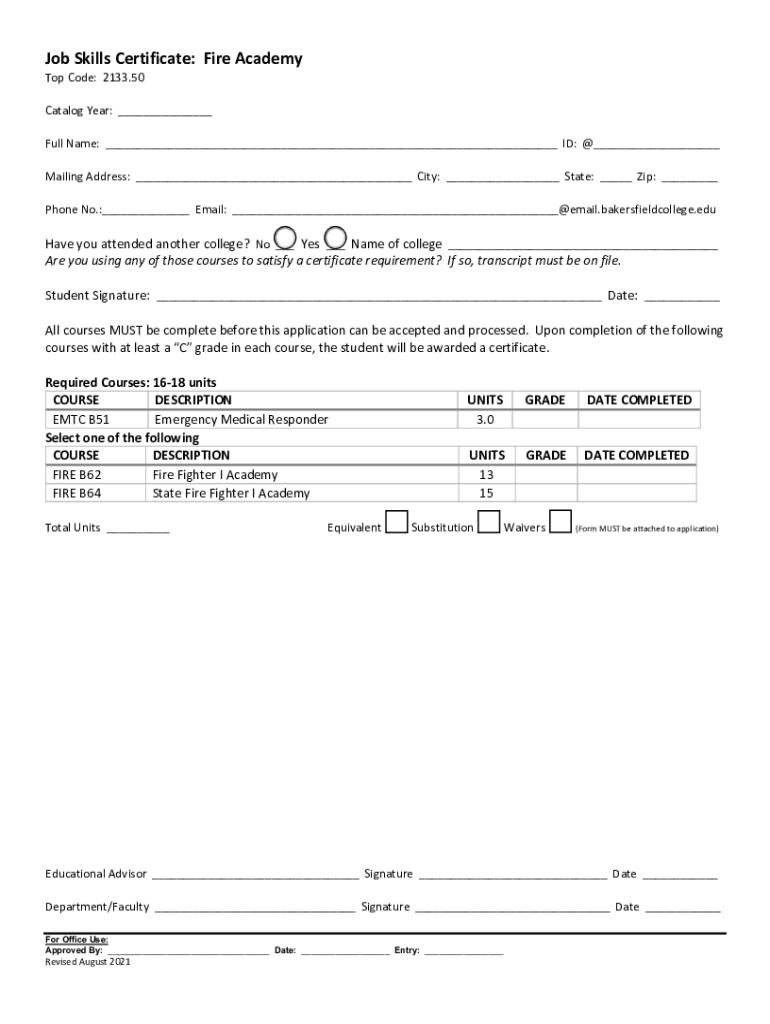 Fillable Online Fire Academy Job Skills Certificate Fax Email Print - pdfFiller