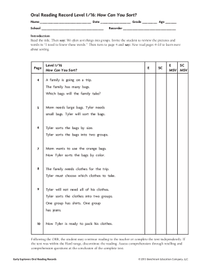 Fillable Online Oral Reading Record Level I/16: How Can You Sort? Fax ...
