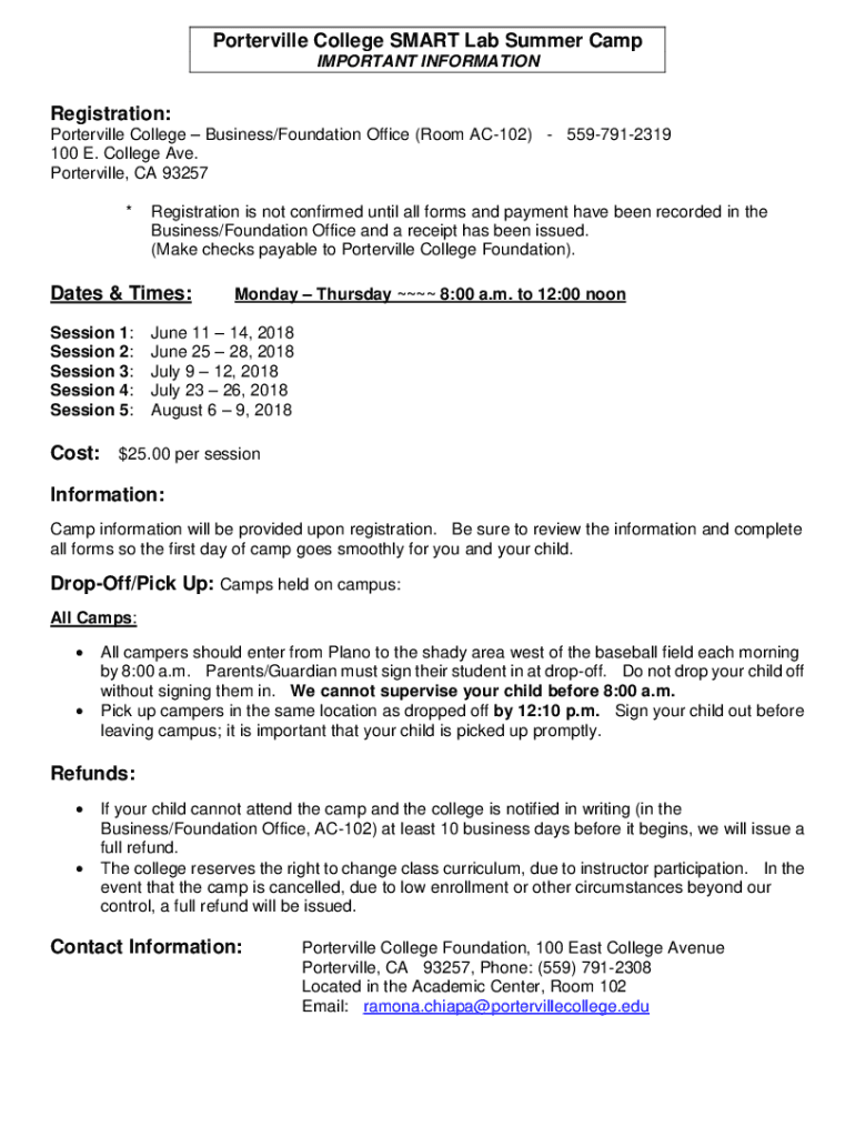 Fillable Online Porterville College SMART Lab Summer Camp Registration Fax Email Print - pdfFiller