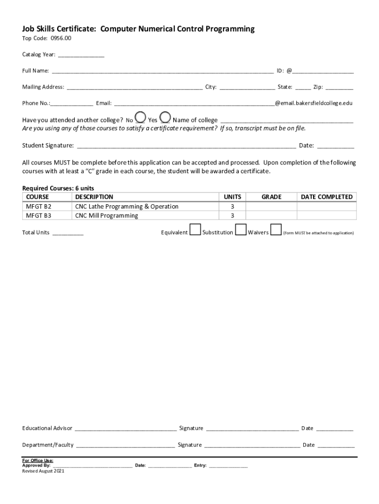 Fillable Online Computer Numerical Control Programming Job Skills Certificate Fax Email Print
