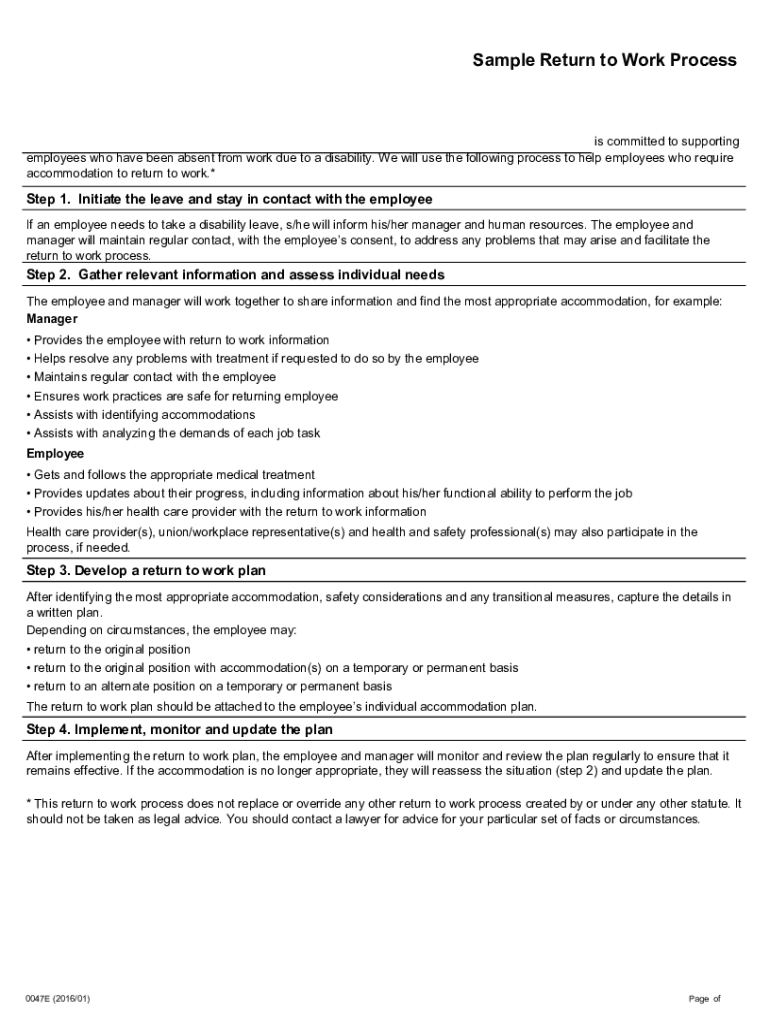 Fillable Online Sample Return to Work Process. Sample Return to Work ...