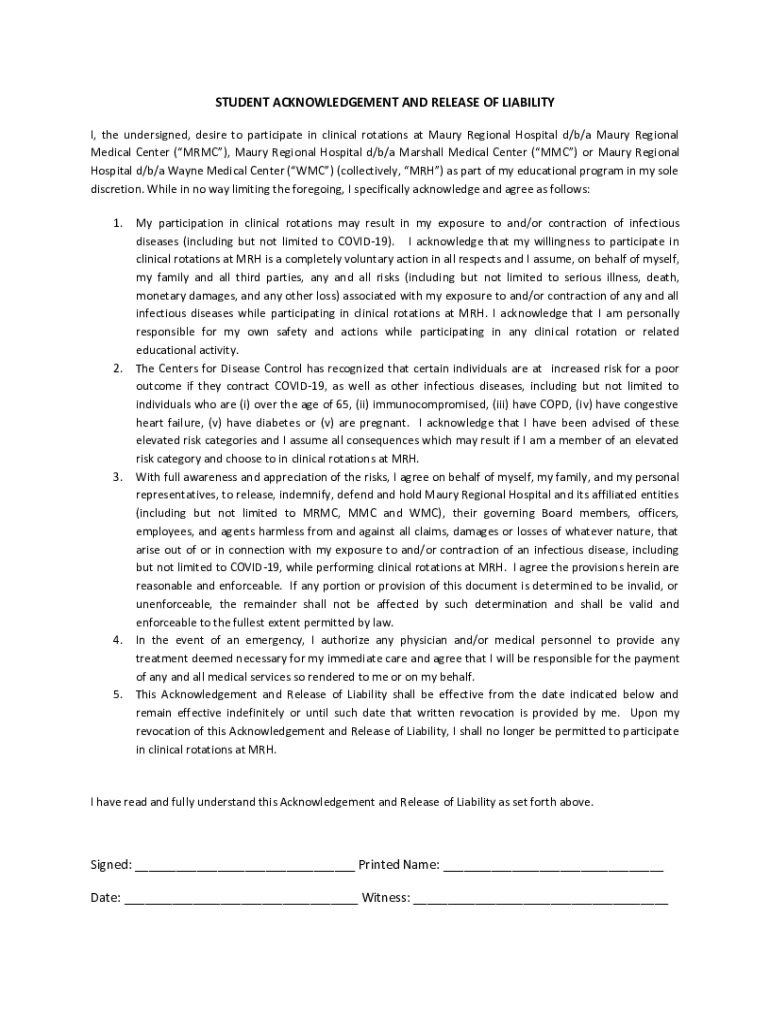 Fillable Online STUDENT ACKNOWLEDGEMENT AND RELEASE OF LIABILITY ...
