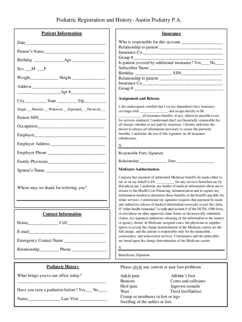 Fillable Online Podiatric Registration and History- Austin Podiatry P ...