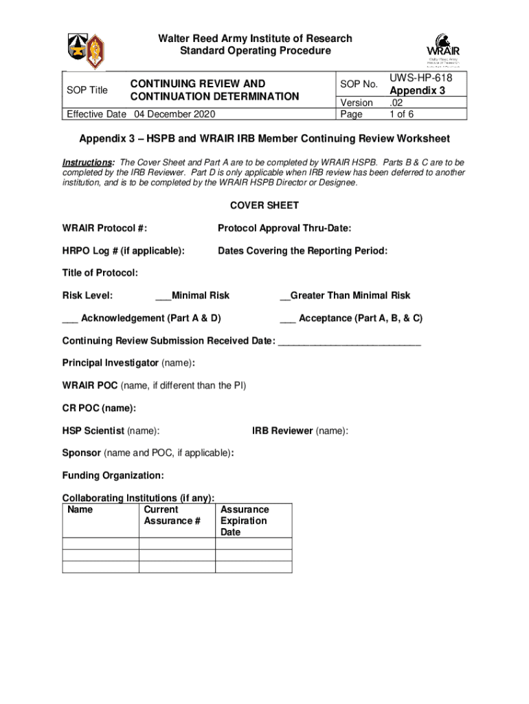 Fillable Online UWS-HP-618.03 Appendix 3HSPB and IRB Member CR ...