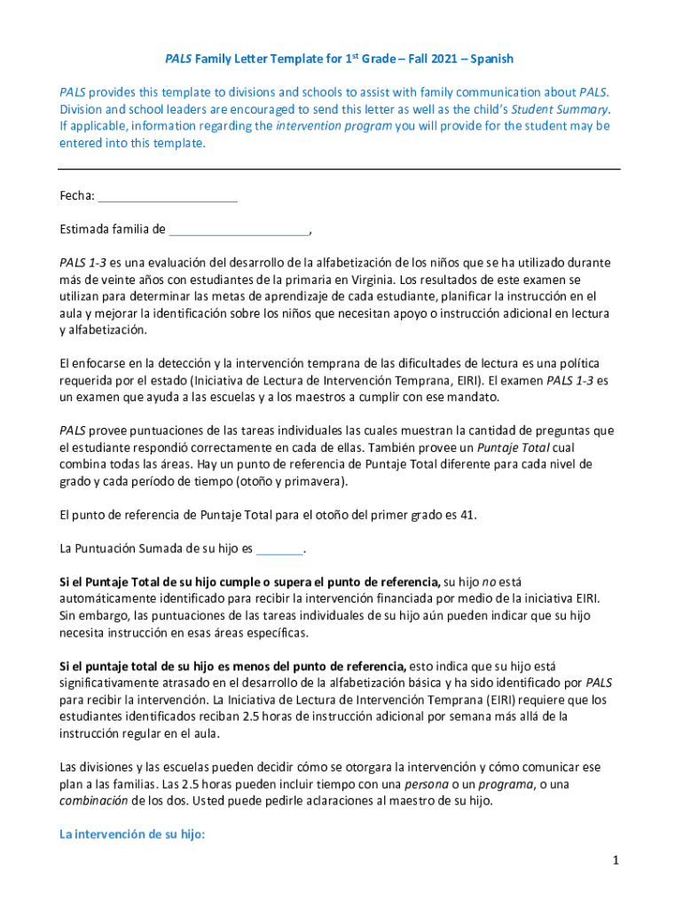 Completable En línea PALS Family Letter Template for 1st Grade Fall ...