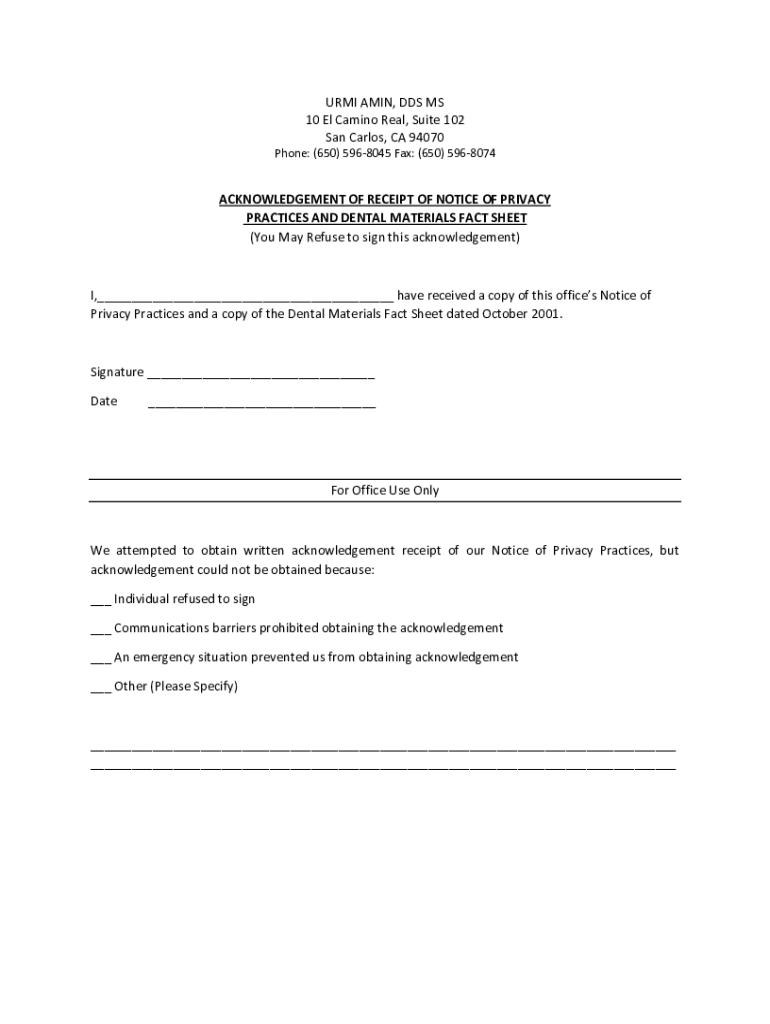 Fillable Online URMI AMIN, DDS MS 10 El Camino Real, Suite 102 San Carlos, CA ... Fax Email ...