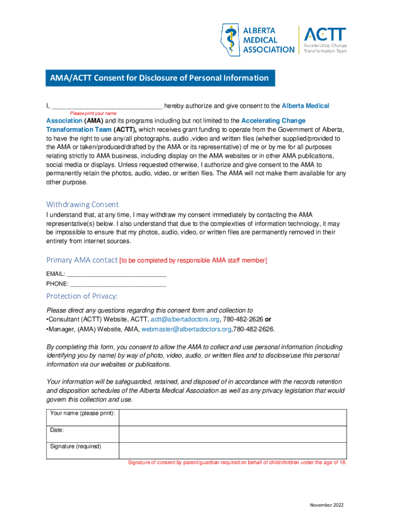 Fillable Online AMA/ACTT Consent for Disclosure of Personal Information ...