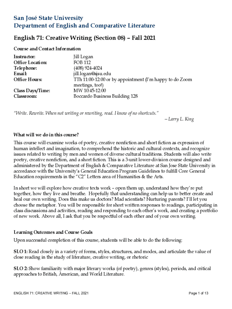 Fillable Online StaffDepartment of English and Comparative Literature Fax Email Print - pdfFiller