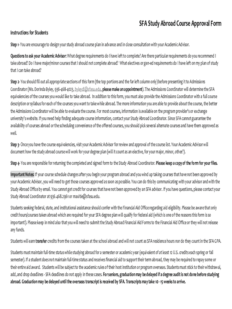 Fillable Online SFA Study Abroad Course Approval Form Fax Email Print ...