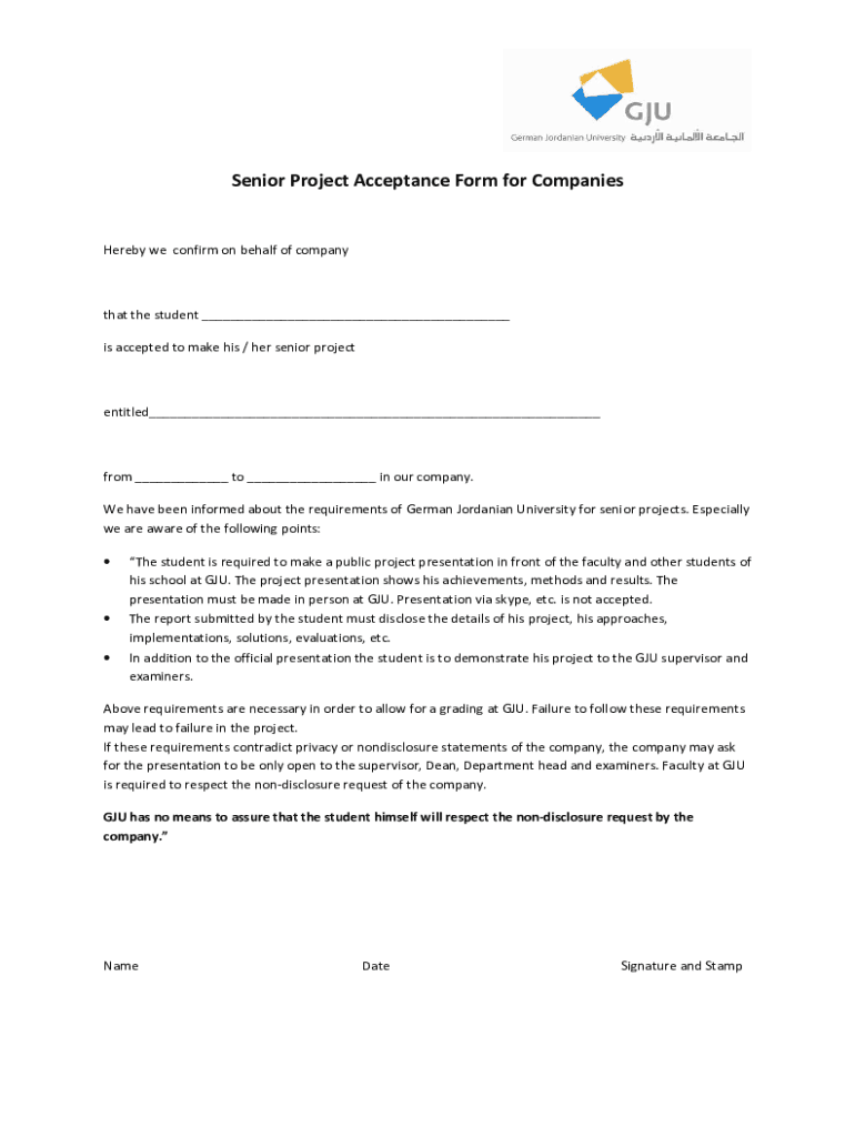 Fillable Online Graduation Project Acceptance Form for Companies Fax ...