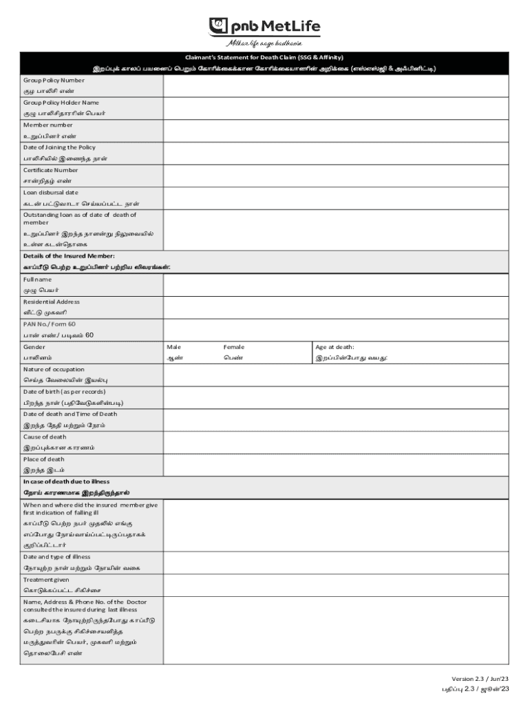 Fillable Online Claimant's Statement for Death Claim (SSG & Affinity)... Fax Email Print - pdfFiller