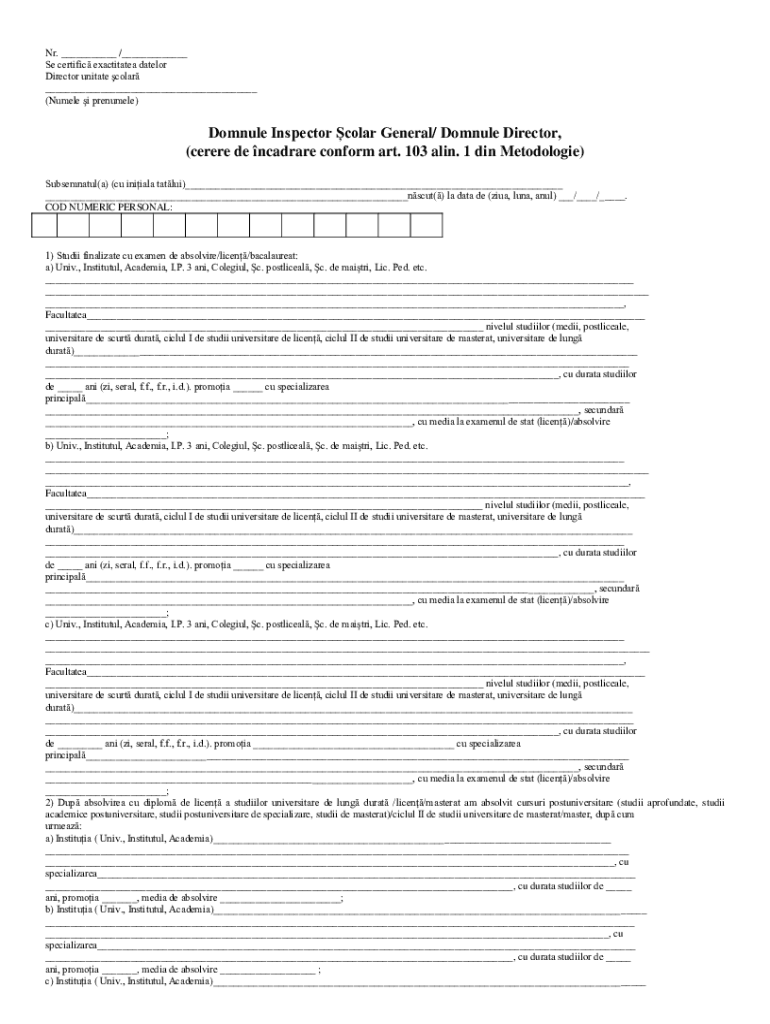 Fillable Online Domnule Director, (cerere de ncadrare conform art. 103 ...