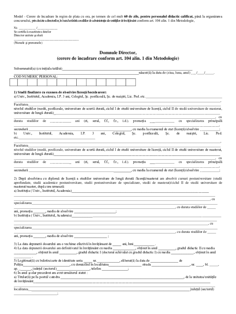 Fillable Online Domnule Director, (cerere de ncadrare conform art. 104 ...