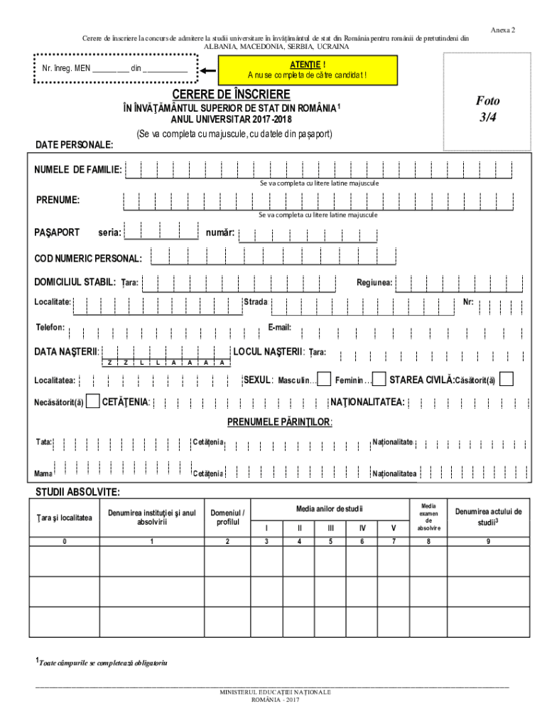 Fillable Online Cerere de nscriere la concurs de admitere la studii ... Fax Email Print - pdfFiller