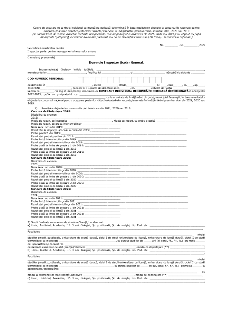 Fillable Online Cerere de angajare cu contract individual de munc pe ...