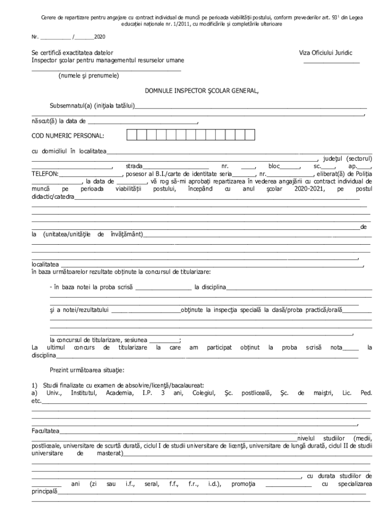 Fillable Online isj educv Cerere de repartizare pentru angajare cu ...