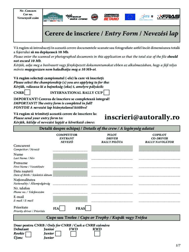 Fillable Online (PDF) CNRally2B - Cerere de nscriere / Entry Form...Nr.concurs ... Fax Email ...