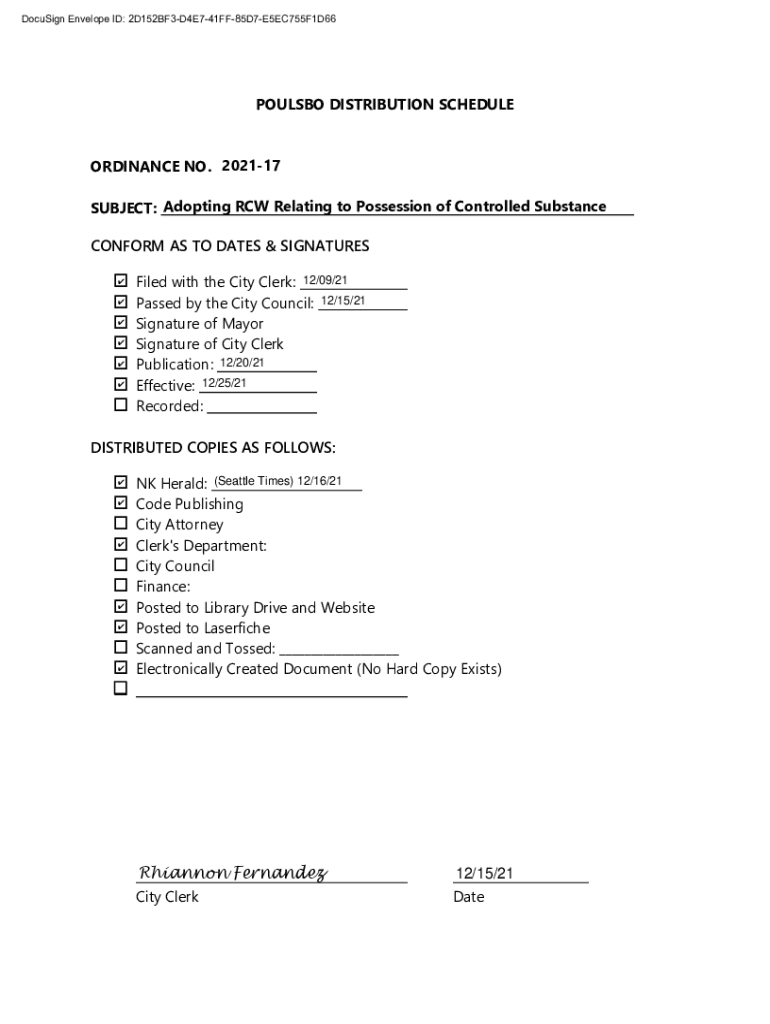 Fillable Online SUBJECT: Adopting RCW Relating to Possession of ...