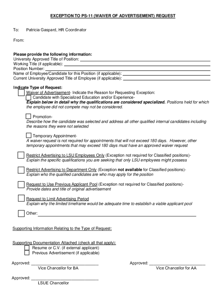 Fillable Online Exception to PS-1 (Waiver of Advertimesment) Request ...