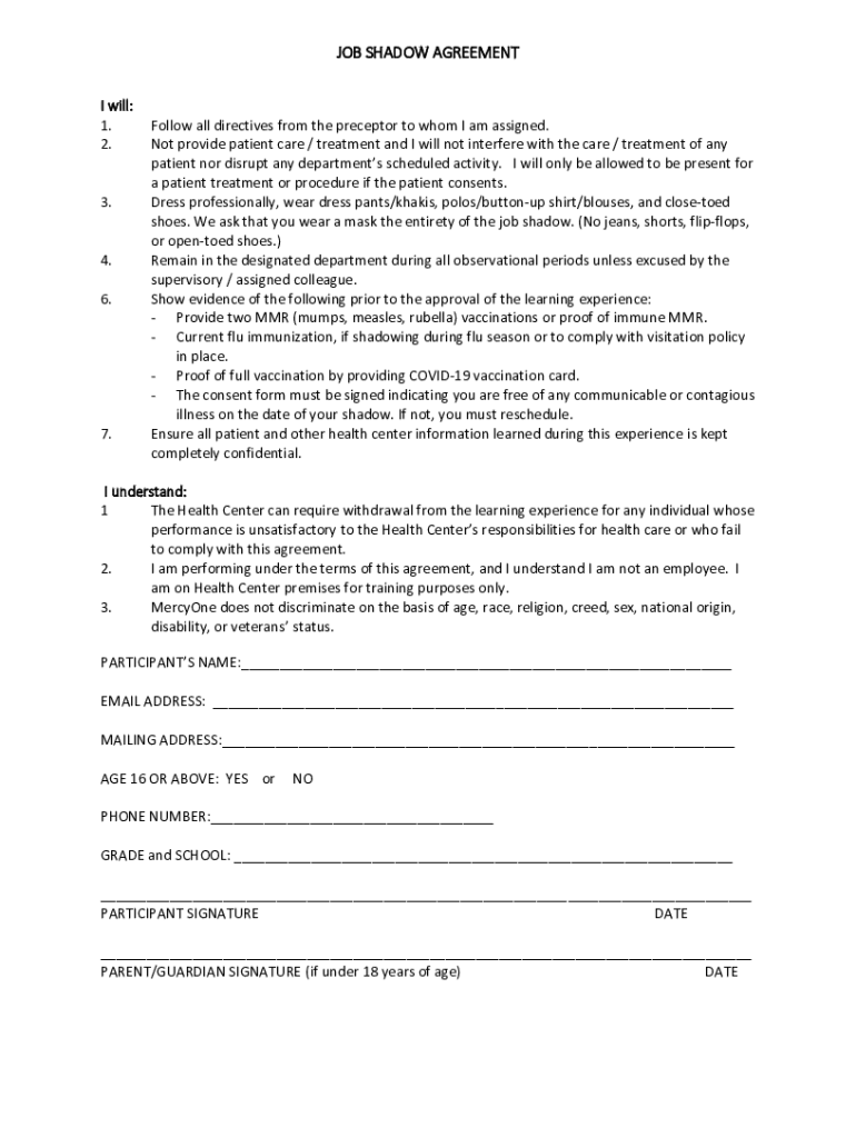 Fillable Online 1 JOB SHADOW AGREEMENT I understand and ... Fax Email ...
