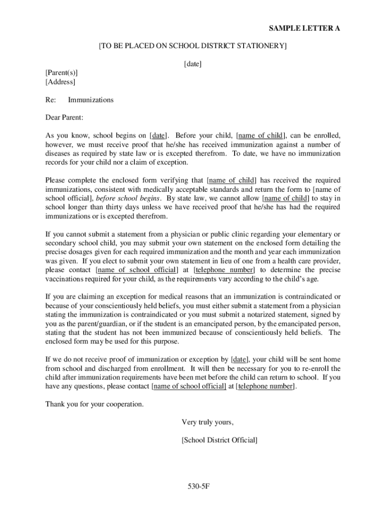 Fillable Online 530 FormSample Immunization Letters Fax Email Print ...