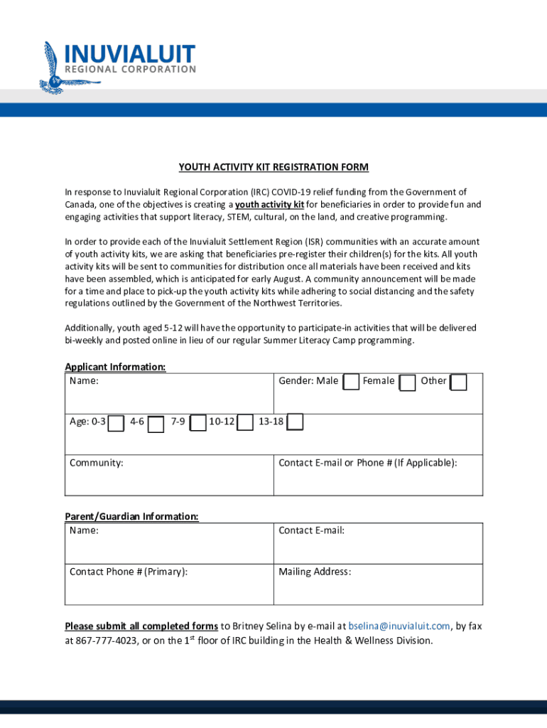 Fillable Online YOUTH ACTIVITY KIT REGISTRATION FORM Applicant ... Fax ...