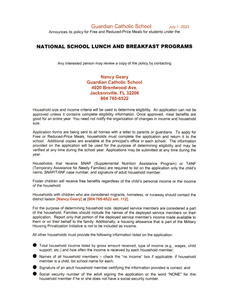 Fillable Online Free/Reduced Lunch Application - St. Nicholas Catholic ...