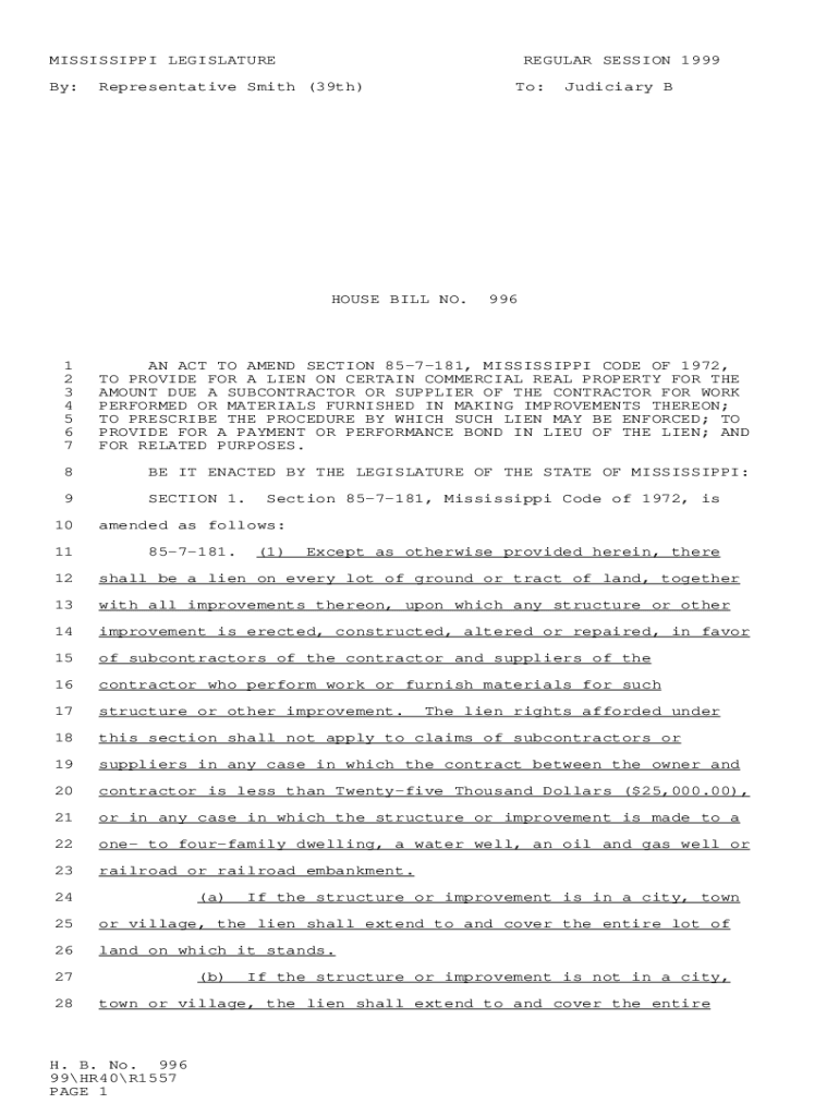 Fillable Online billstatus ls state ms Representative Moody HOUSE BILL NO. 996 AN ... Fax Email ...