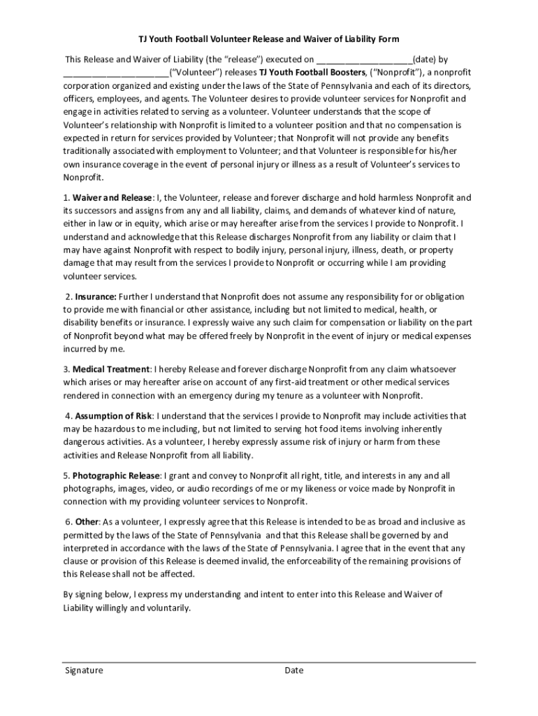 Fillable Online TJ Youth Football Volunteer Release and Waiver of ...