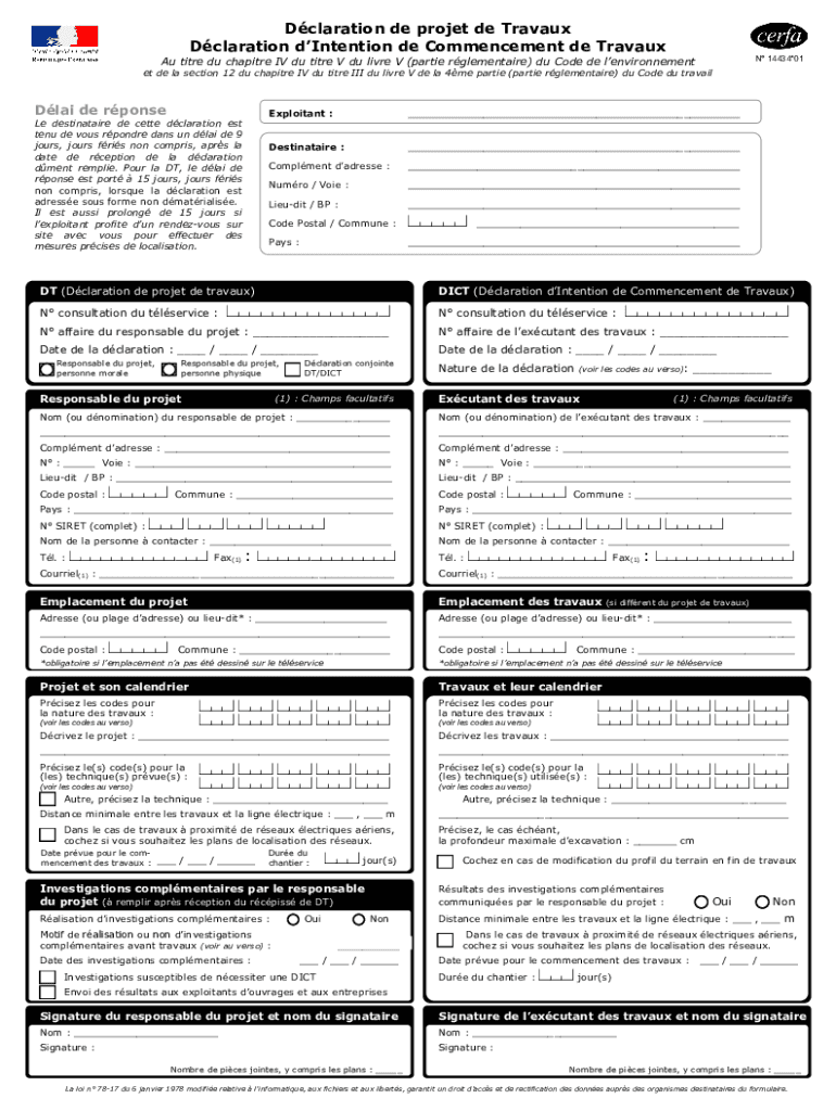 Remplissable En Ligne Dclaration de projet de travaux (DT) et dclaration d'intention ... Fax ...