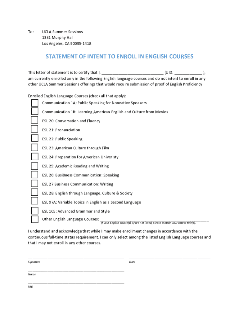 Fillable Online r summer ucla STATEMENT OF INTENT TO ENROLL IN ENGLISH ...