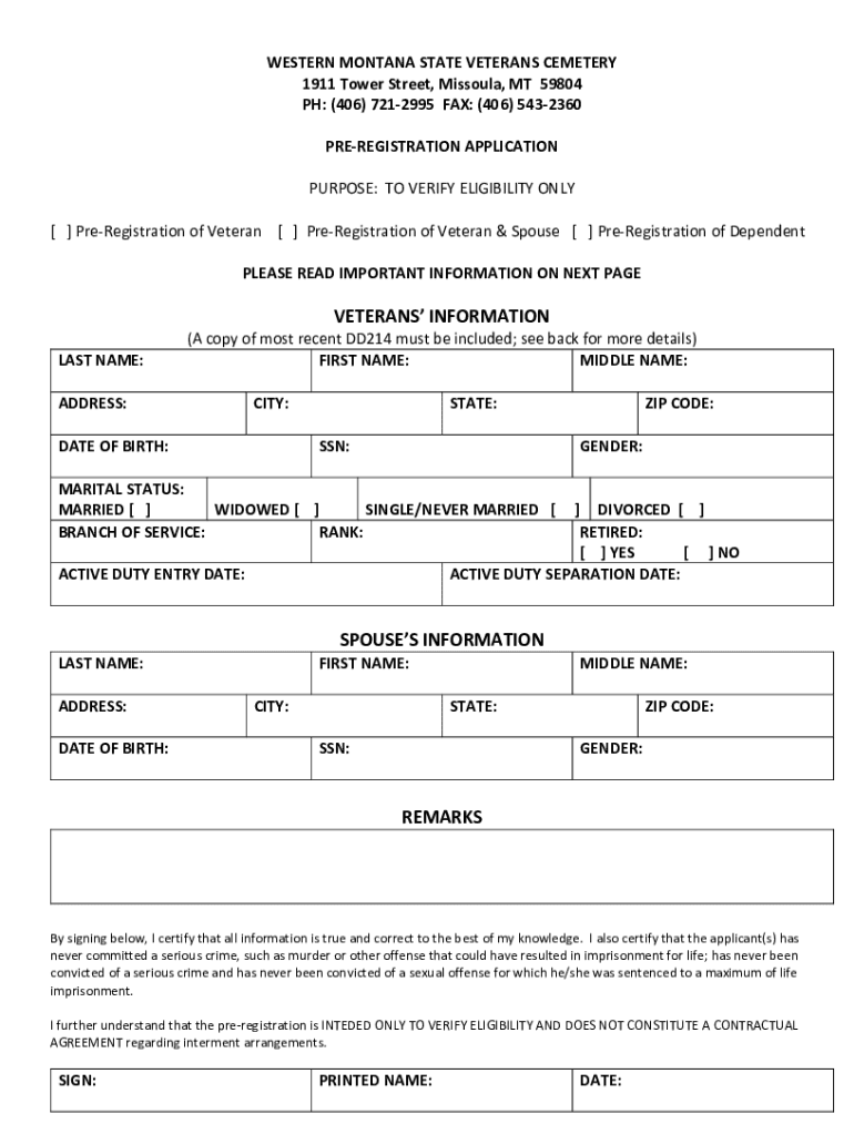 Fillable Online dma mt Western Montana State Veterans Cemetery / +1 406 ...
