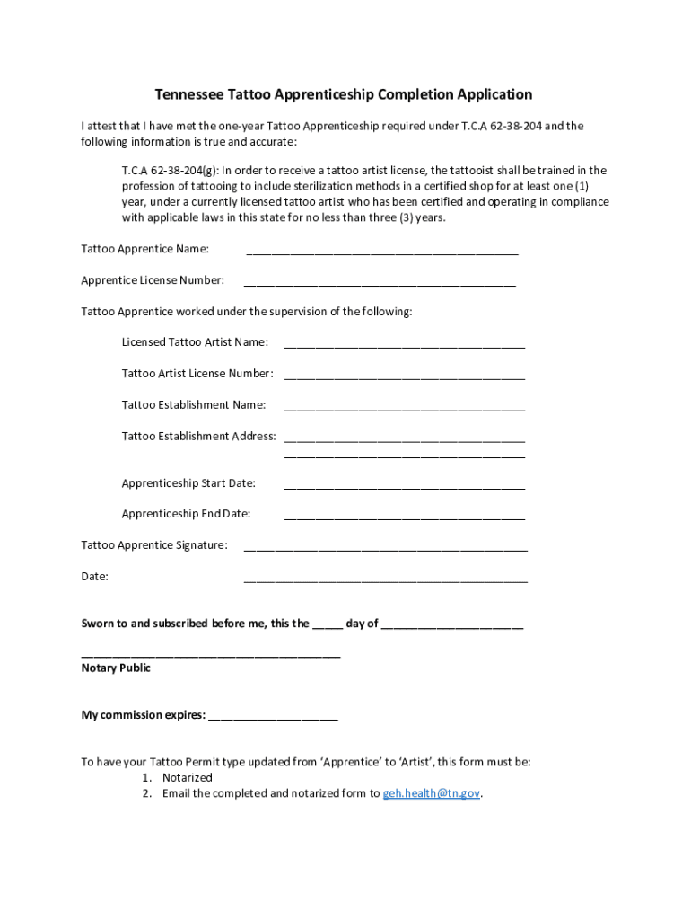Fillable Online Tennessee Tattoo Apprenticeship Completion Application ...