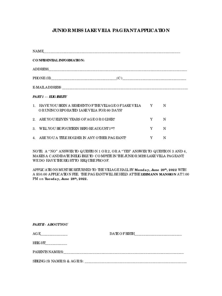 Fillable Online JUNIOR MISS LAKE VILLA PAGEANT APPLICATION Fax Email ...