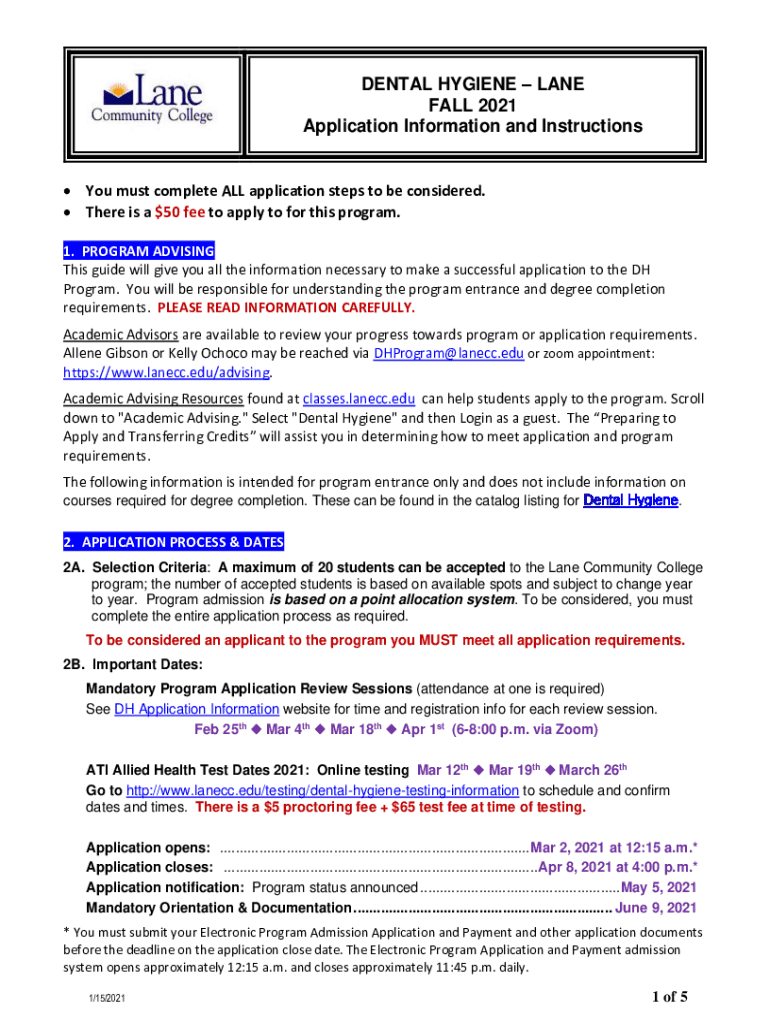 Fillable Online LCC Dental Hygiene Program Fall 2021 Application Forms ...