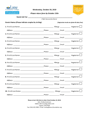 Fillable Online Please return form by October 15th- Guest List For Fax ...