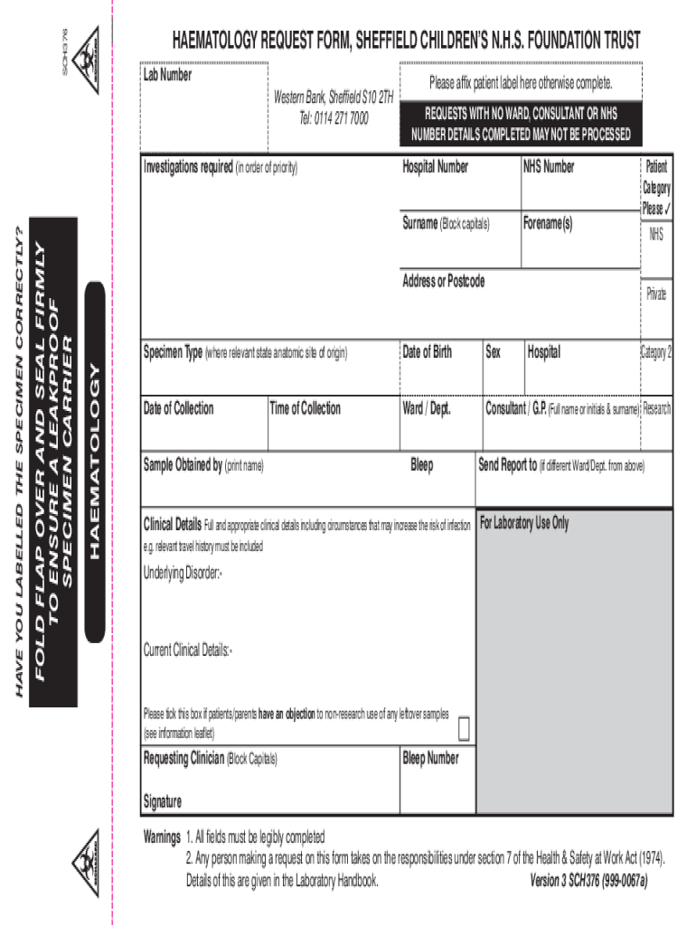 Fillable Online haematology request form, sheffield children's nhs ...