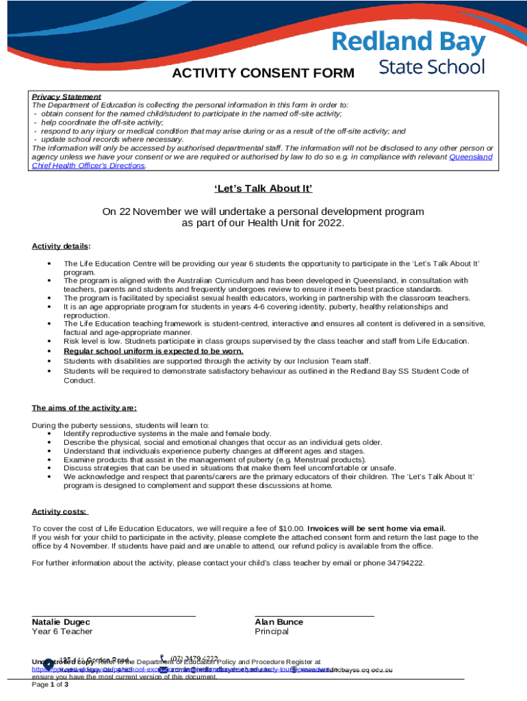 Let's Talk - Life Education consent Doc Template | pdfFiller