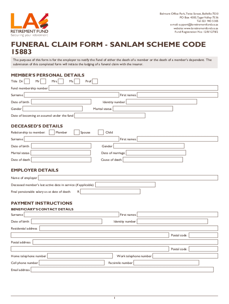 Fillable Online laretirementfund co Funeral claim form-Sanlam Scheme ...