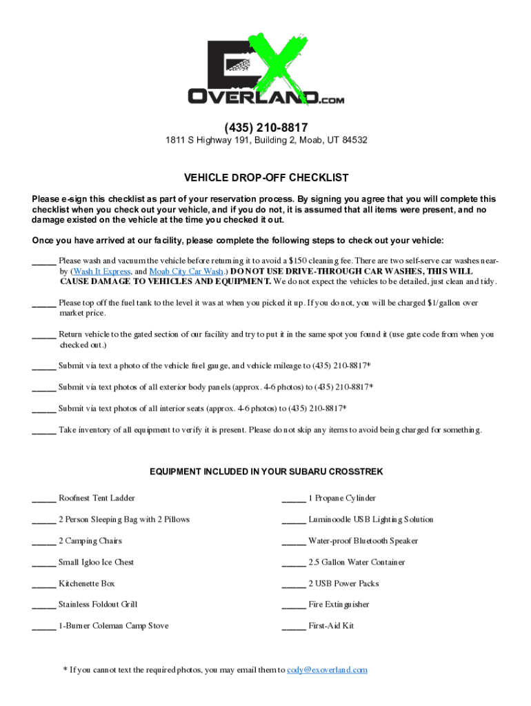 Fillable Online EXOverland Vehicle Drop Off Checklist-Subaru Crosstrek ...