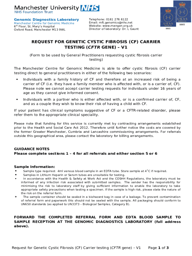 request for genetic cystic fibrosis (cf) carrier testing (cftr gene ...