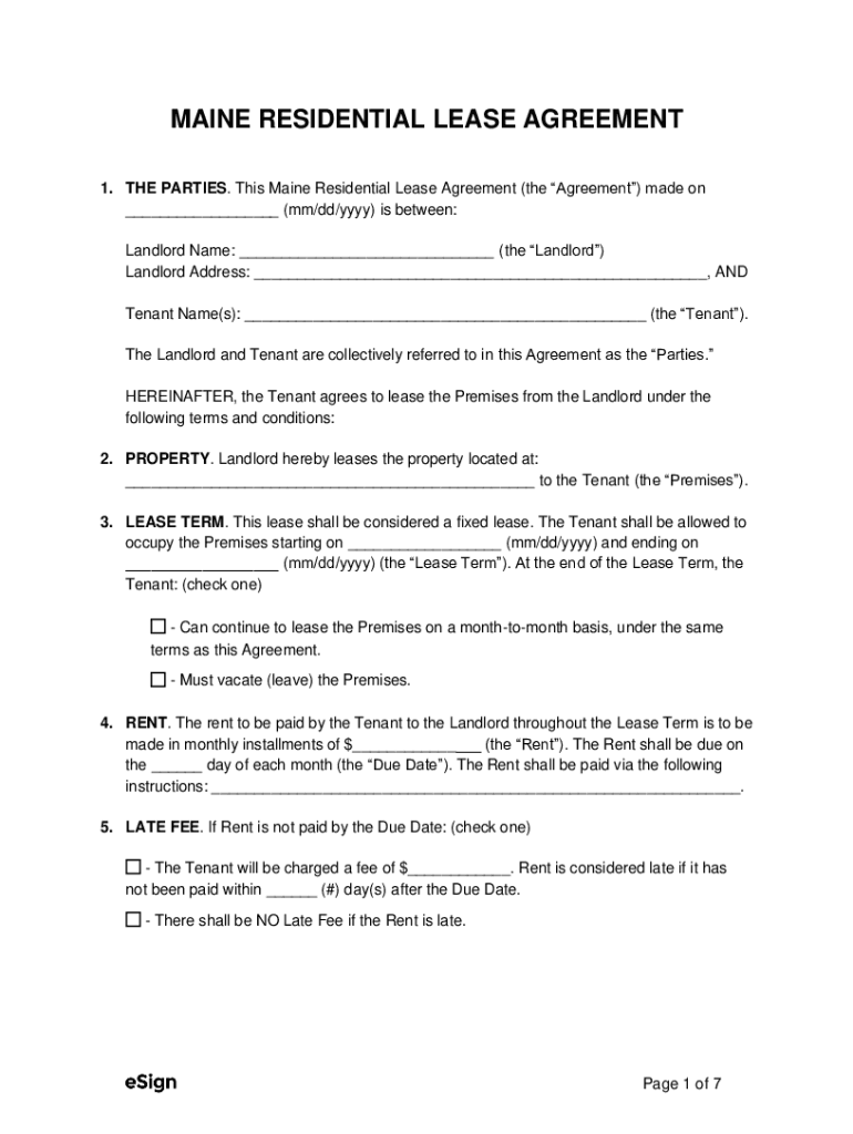 Fillable Online Maine Standard Residential Lease Agreement Template Fax ...
