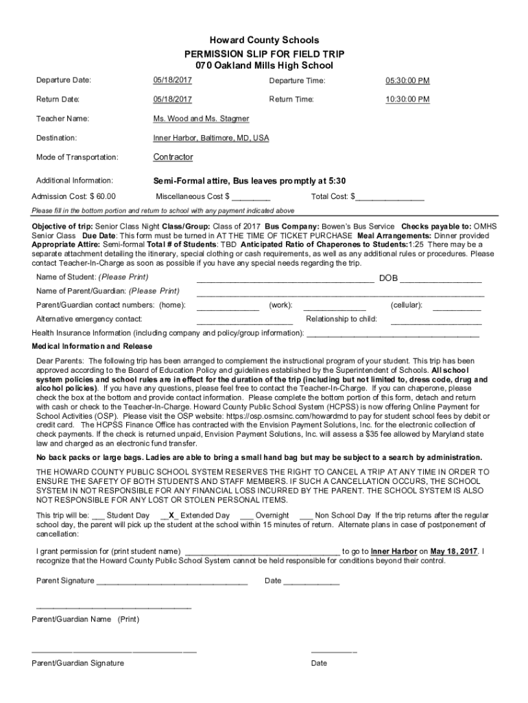 Fillable Online omhs hcpss Howard County Schools PERMISSION SLIP FOR FIELD TRIP Fax Email Print ...