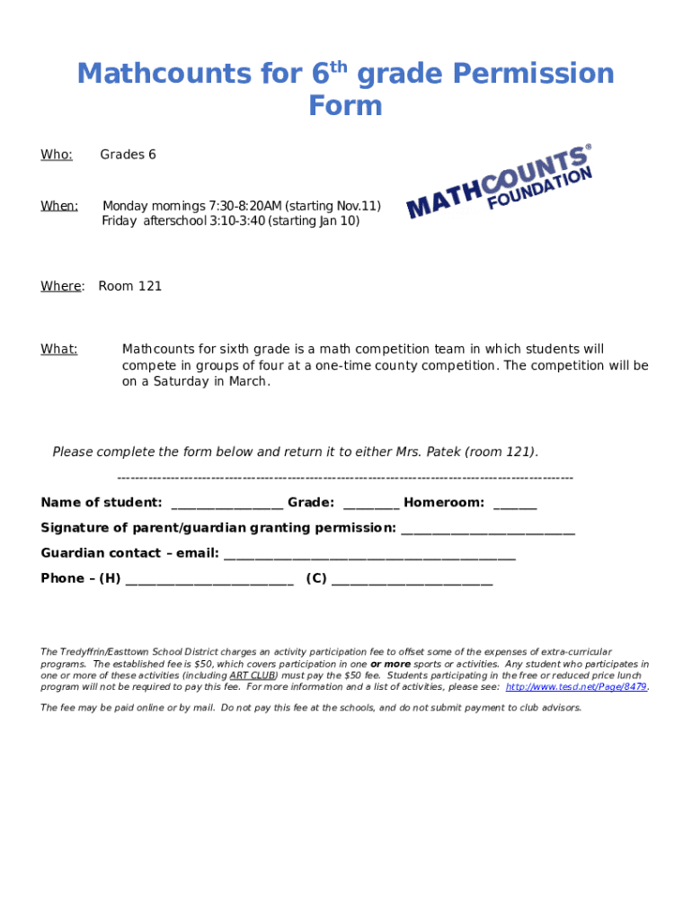 Math Competition Club Permission Slip Doc Template | pdfFiller
