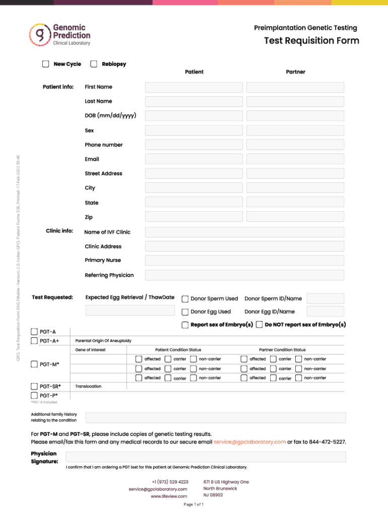Fillable Online Preimplantation Genetic Screening (PGS) Requisition ...
