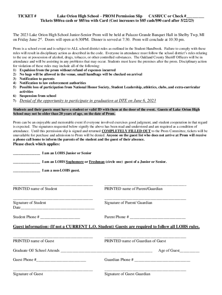 Fillable Online Lake Orion High School PROM Permission Slip Fax Email ...