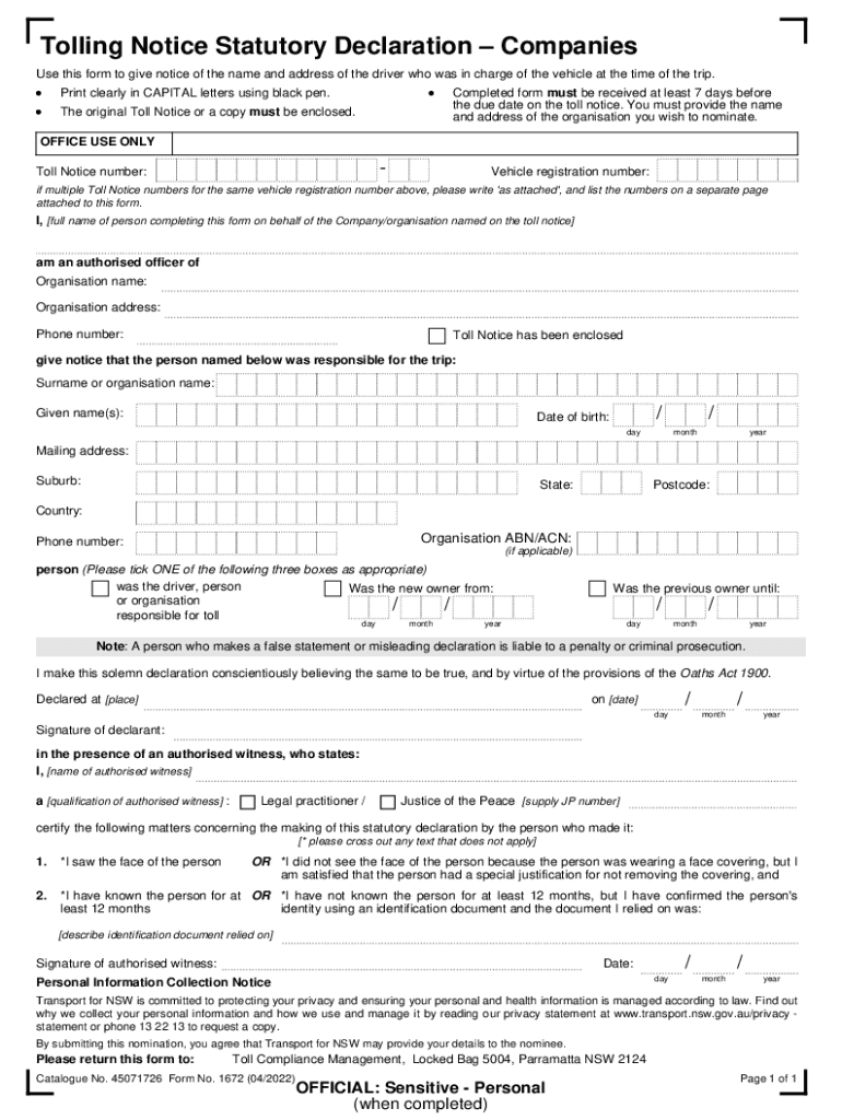Fillable Online Tolling Notice Statutory Declaration Form - Fill Out ...