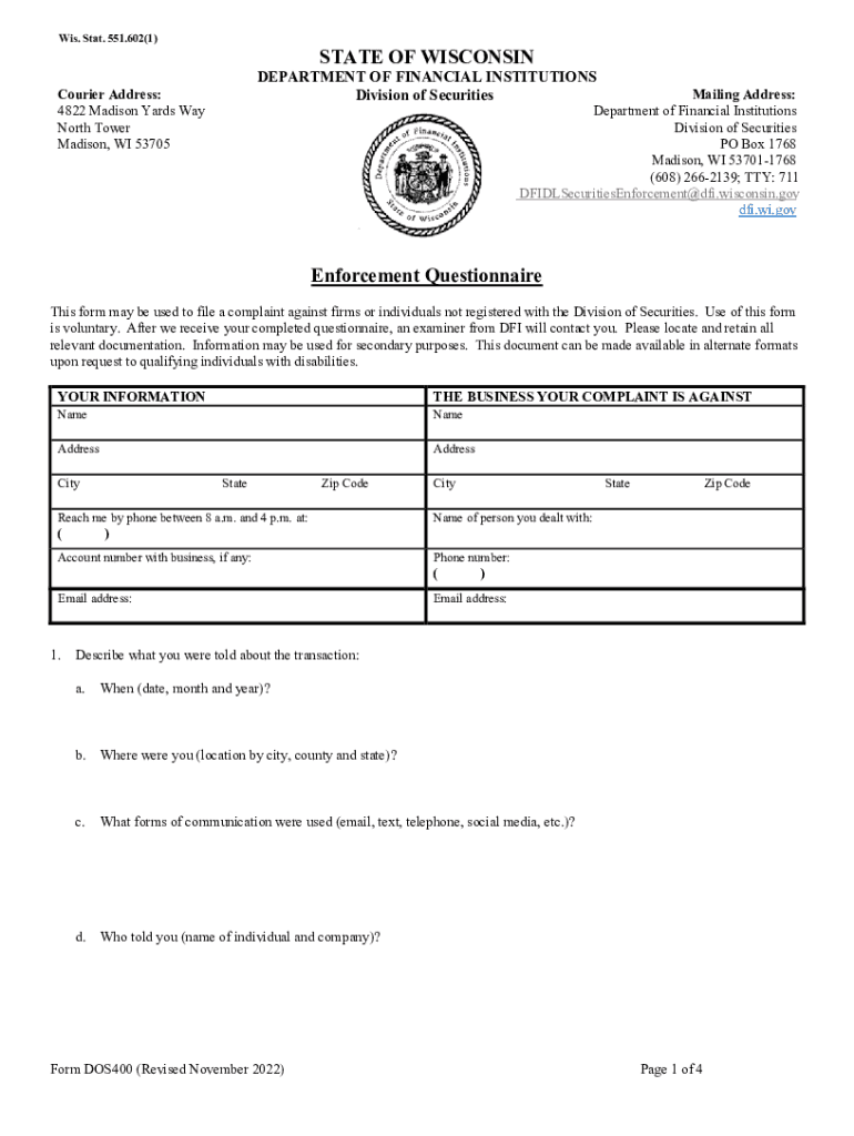 Fillable Online Enforcement Questionnaire Fax Email Print - pdfFiller