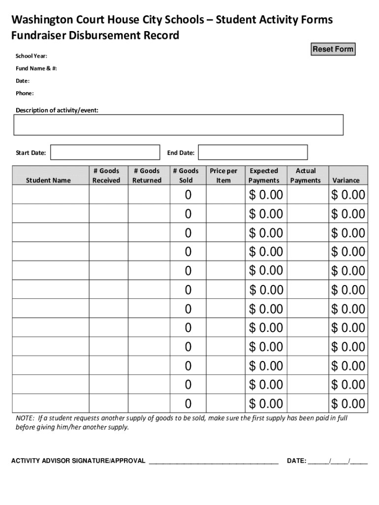 Fillable Online Student Activity Forms Fundraiser Payment Record Fax ...